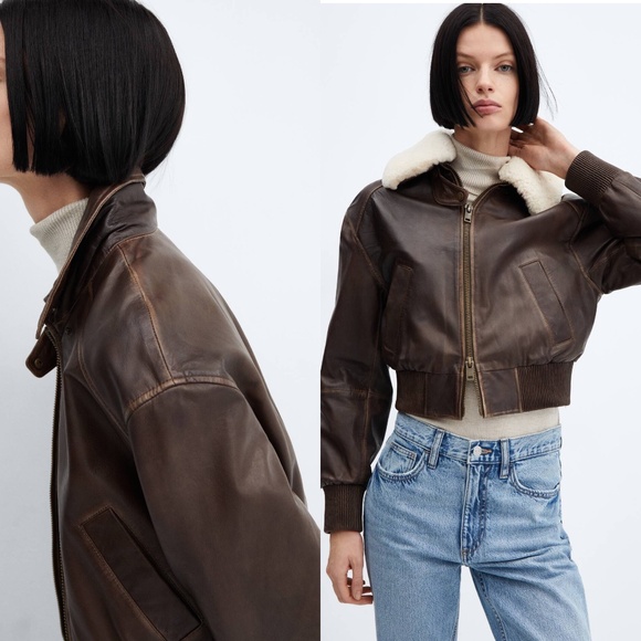 Mango | Jackets & Coats | Mango Real Leather Bomber Jacket With ...